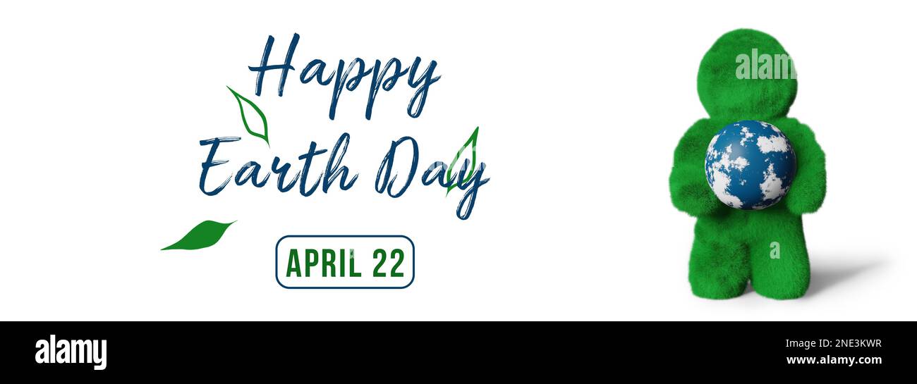 Happy Earth Day card April 22 green grass Yeti blue planet 3d rendering ...