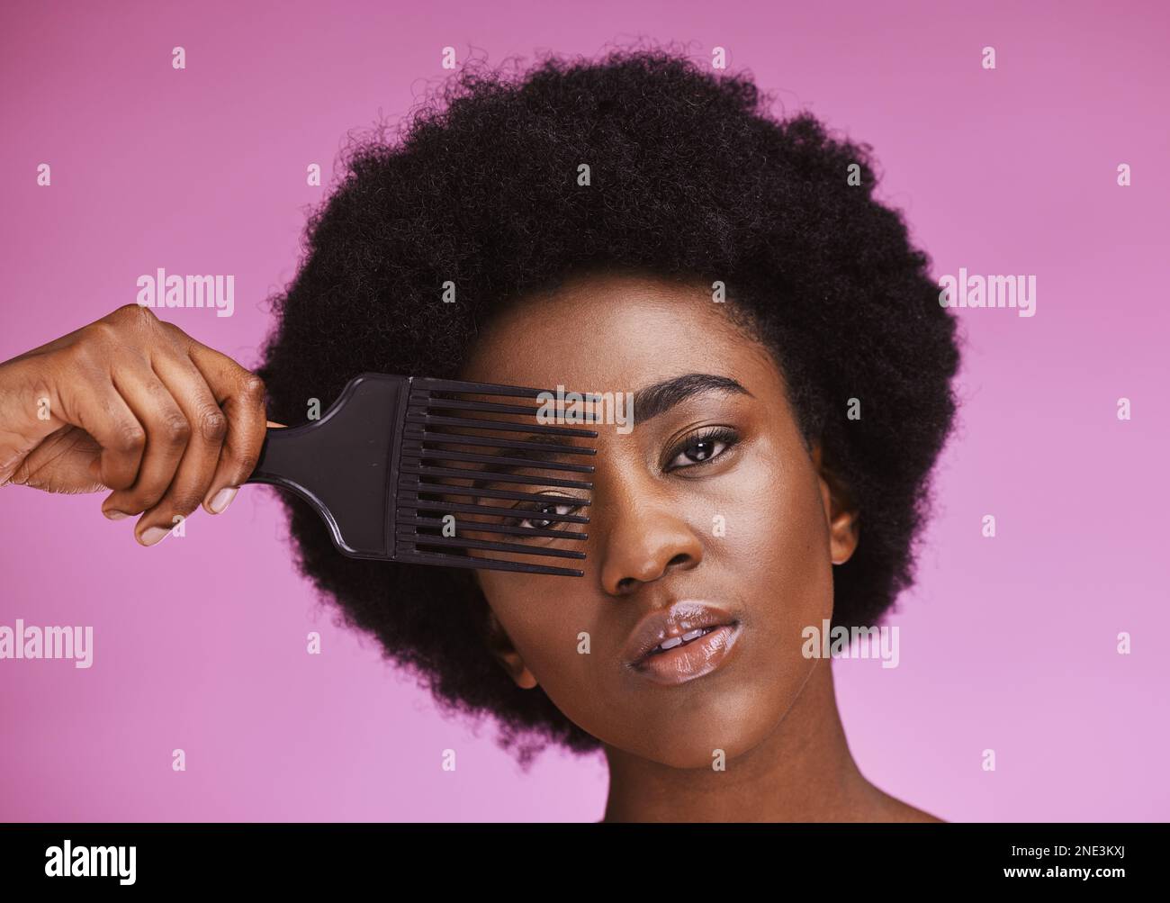 Portrait, hair or afro brush on beauty background in relax grooming ...