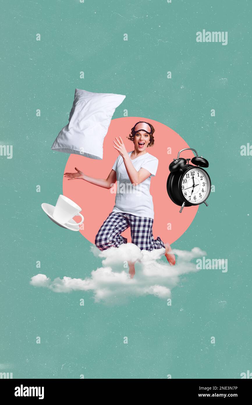 Collage photo of young carefree active awake girl jumping throwing ...