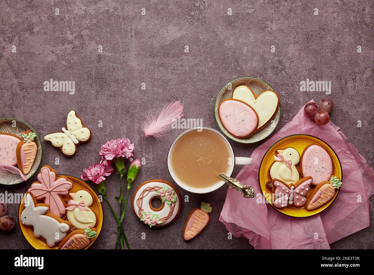 Aesthetic Easter background complete coffee cup, decorated cookies ...