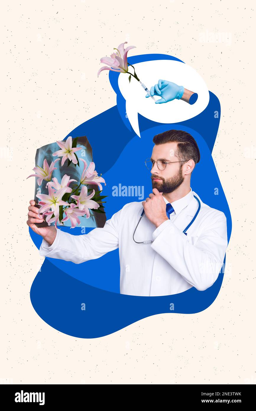 Vertical photo collage confident expert medic doctor focused touch chin ...