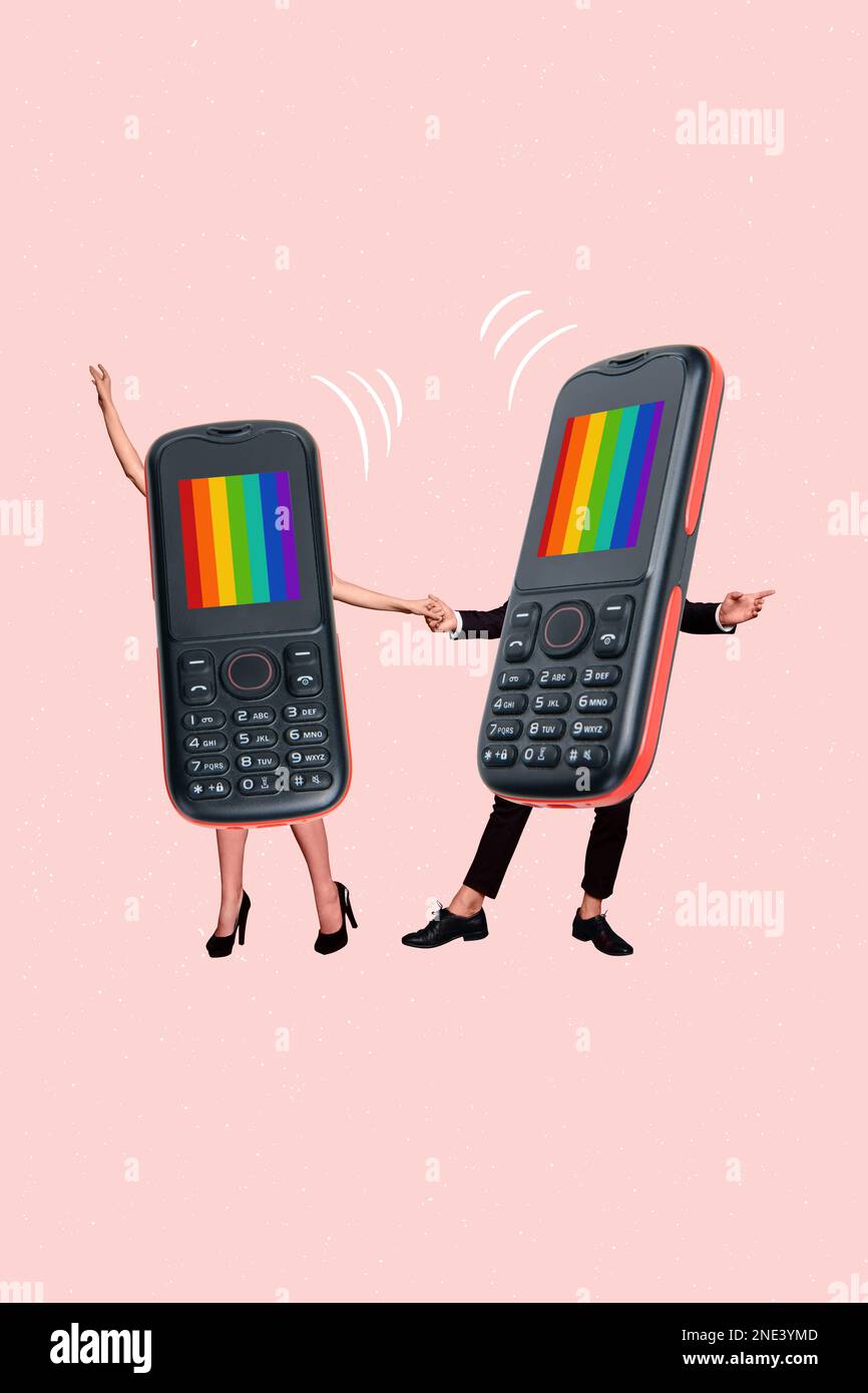 Vertical collage picture of two people retro cell mobile phone instead ...