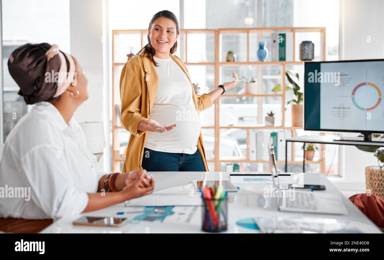 Teamwork, pregnant woman or presentation meeting for company growth, strategy review or ...