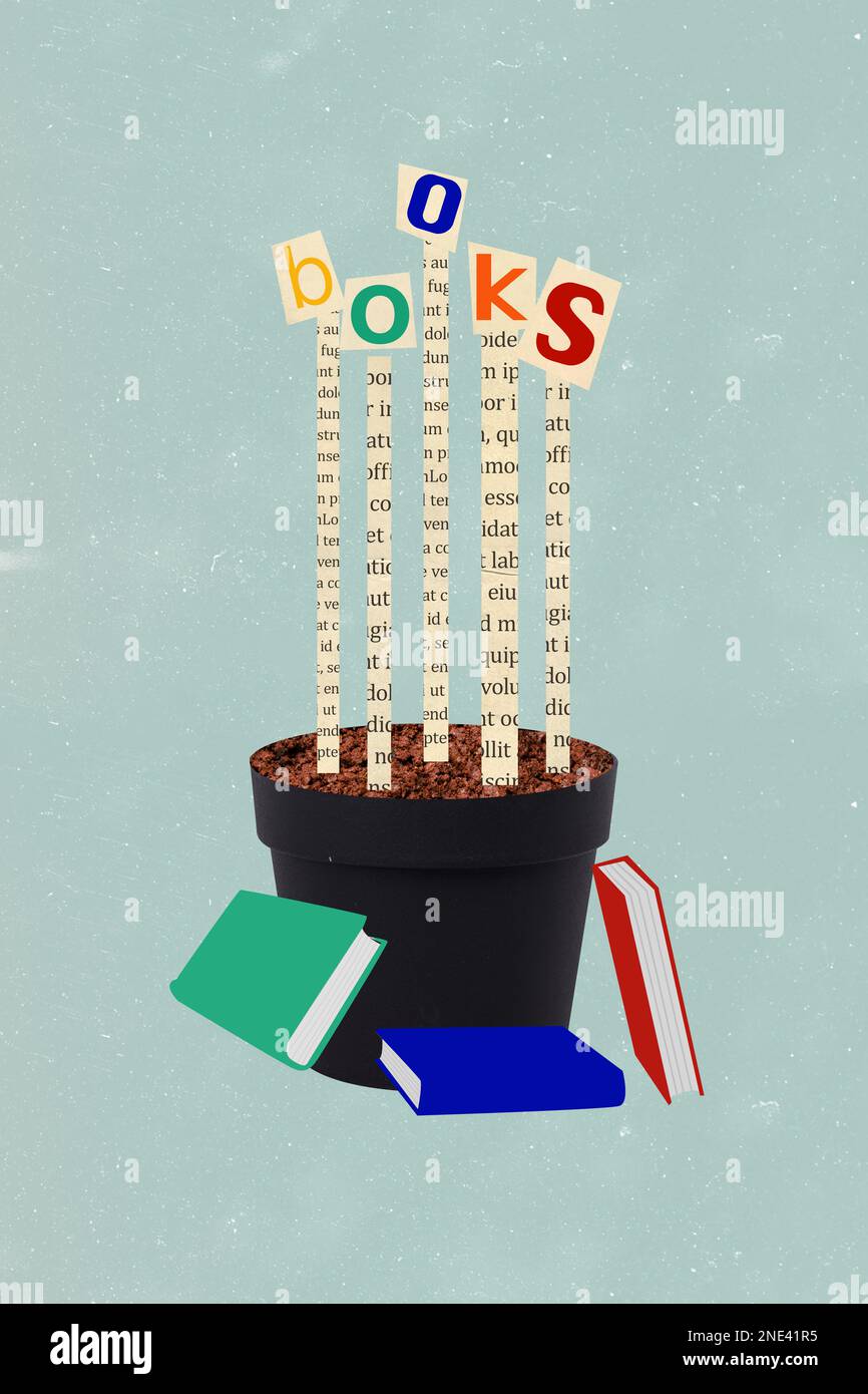 Vertical photo minimal collage of flower pot growing letters read books ...