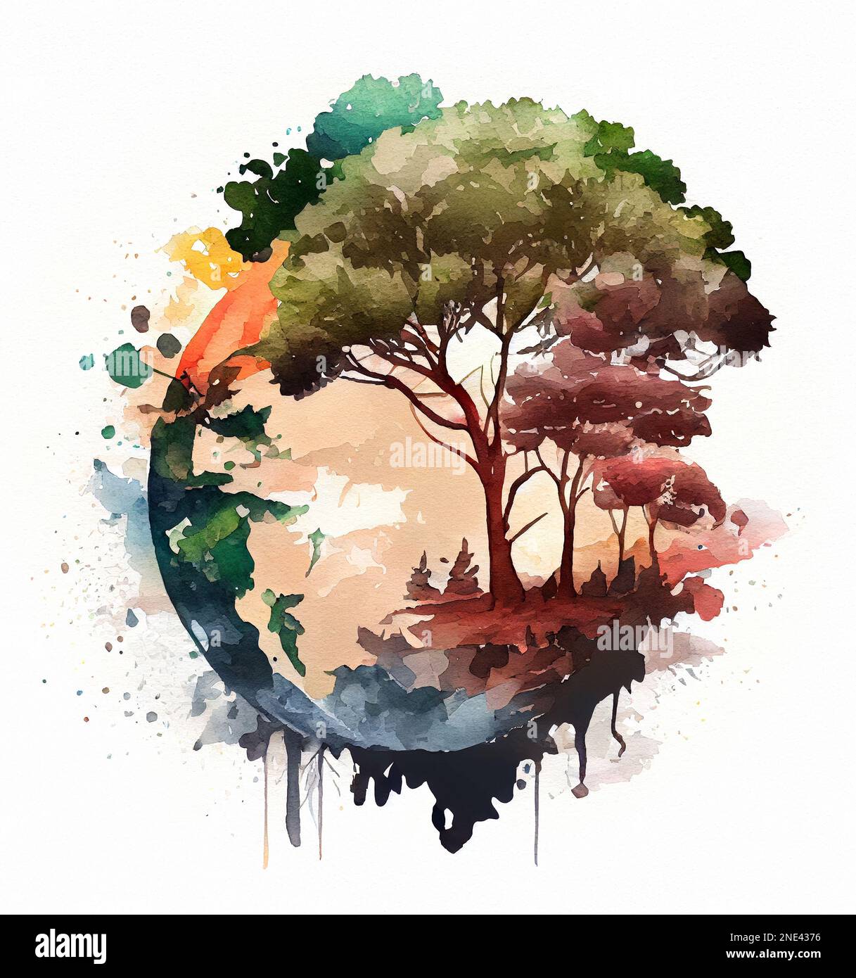 Planet earth and Forest abstract watercolor hand drawn illustration ...