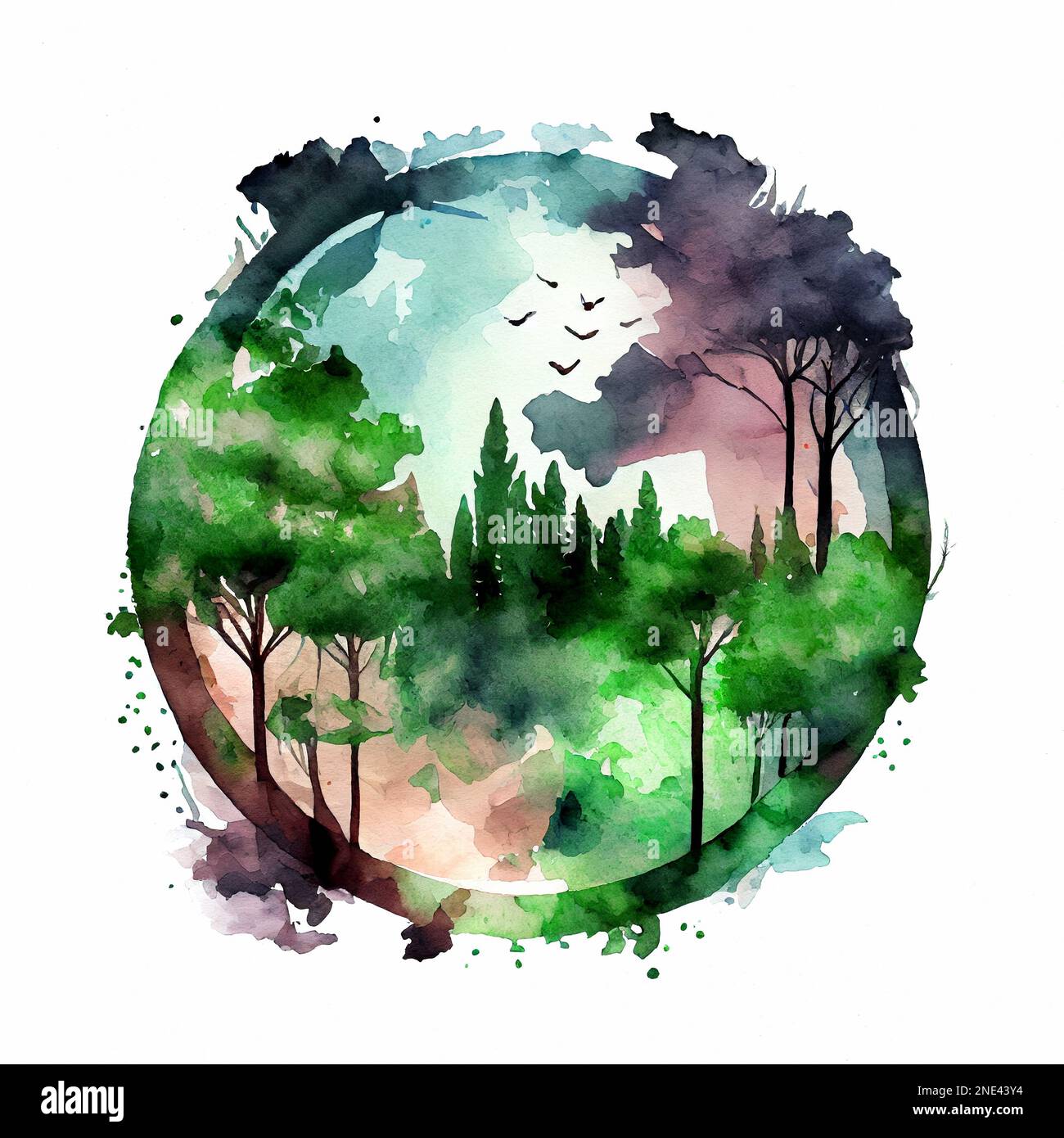 Planet earth and trees abstract watercolor hand drawn illustration.Eco ...