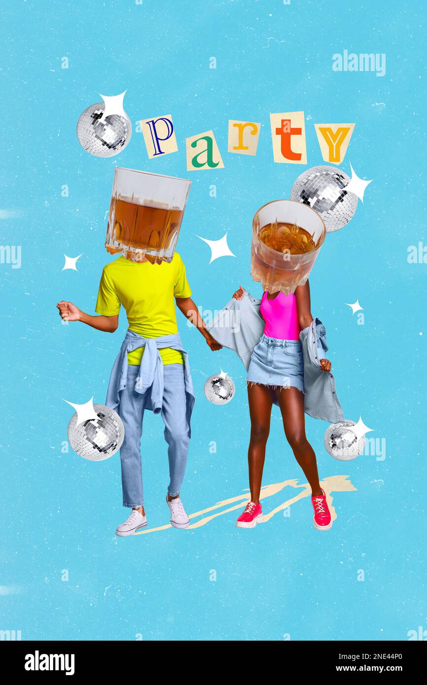 Vertical collage image of two mini carefree people dancing alcohol ...