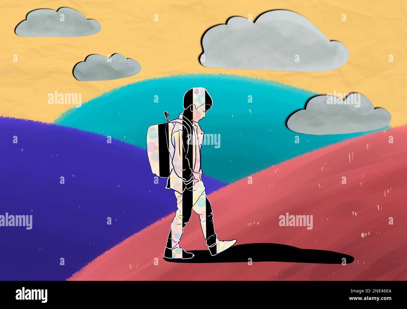 Sad child walking on colored hills Stock Photo - Alamy