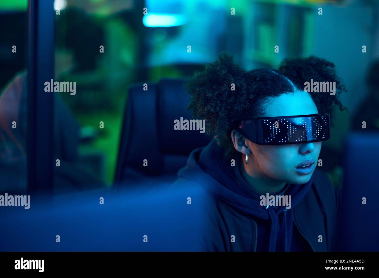 Computer hacker, cyberpunk and neon woman hacking software, online ...