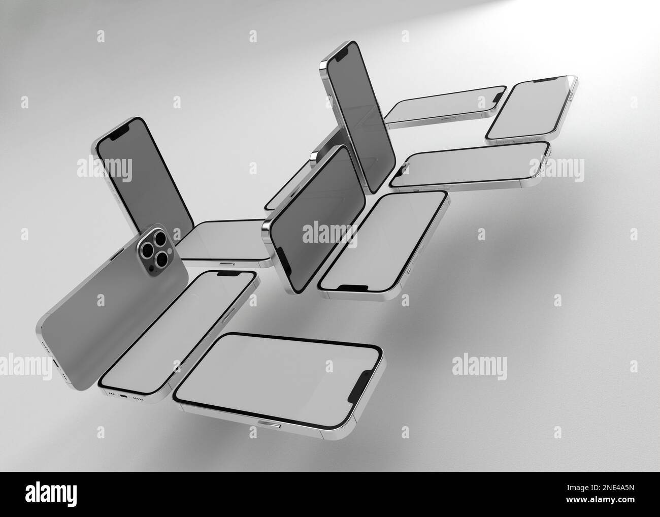 A 3D rendering of smartphones with grey screens mockup on a grey background Stock Photo - Alamy