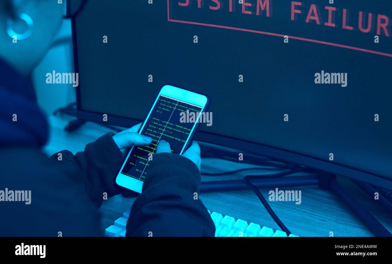 Phone screen, code and hacker hands for cybersecurity, information ...