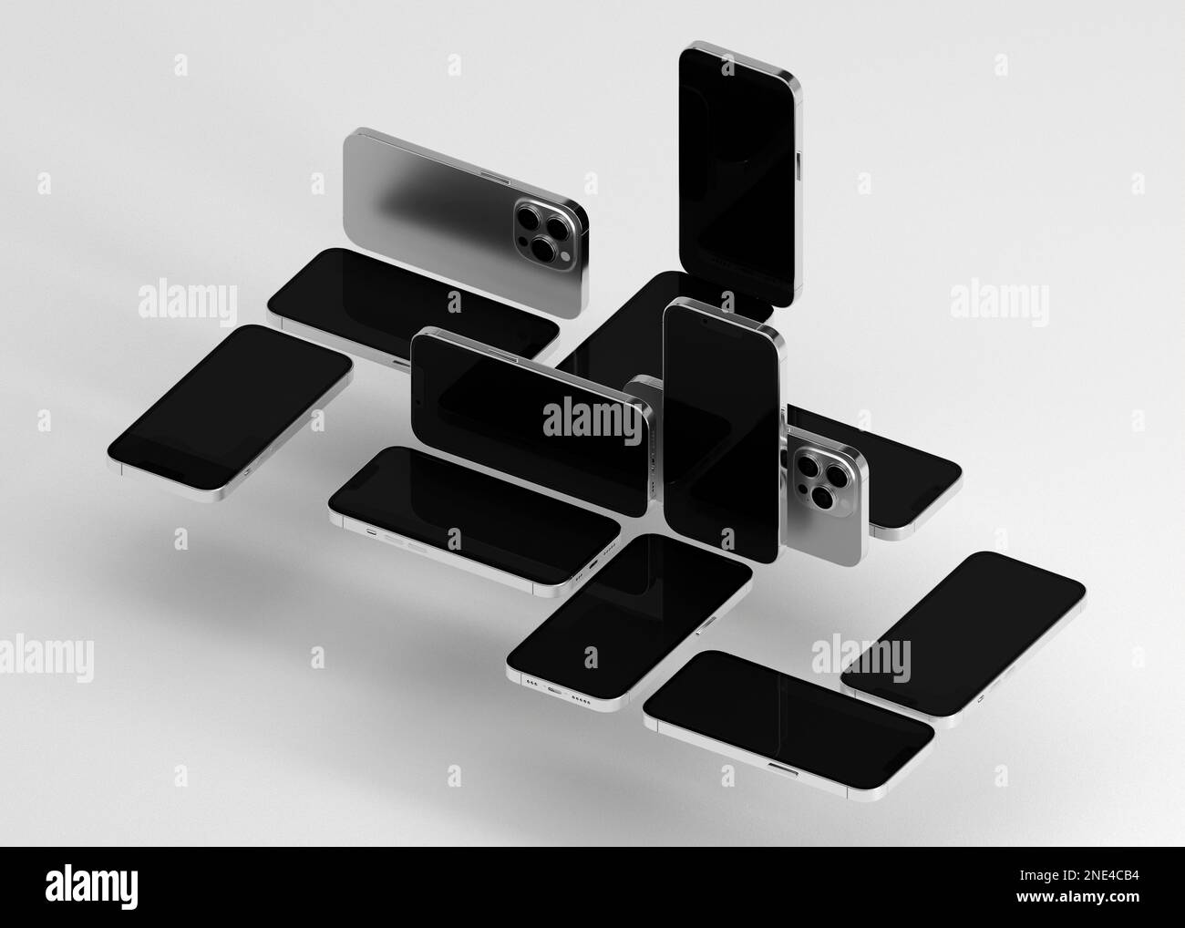 A 3D rendering of smartphones with black screens mockup on a grey background Stock Photo - Alamy