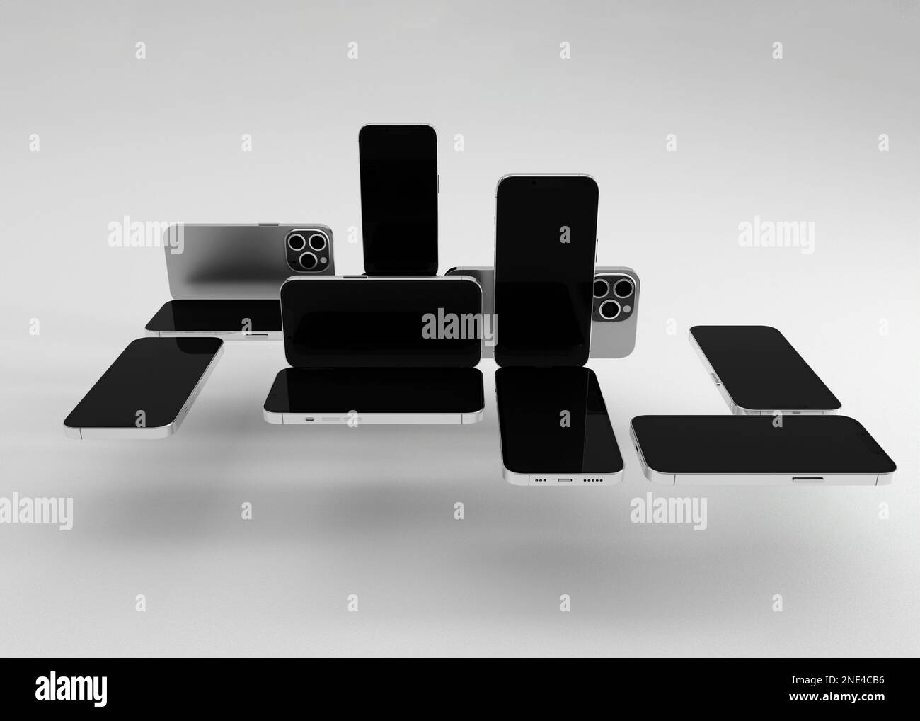 A 3D rendering of smartphones with black screens mockup on a grey background Stock Photo - Alamy
