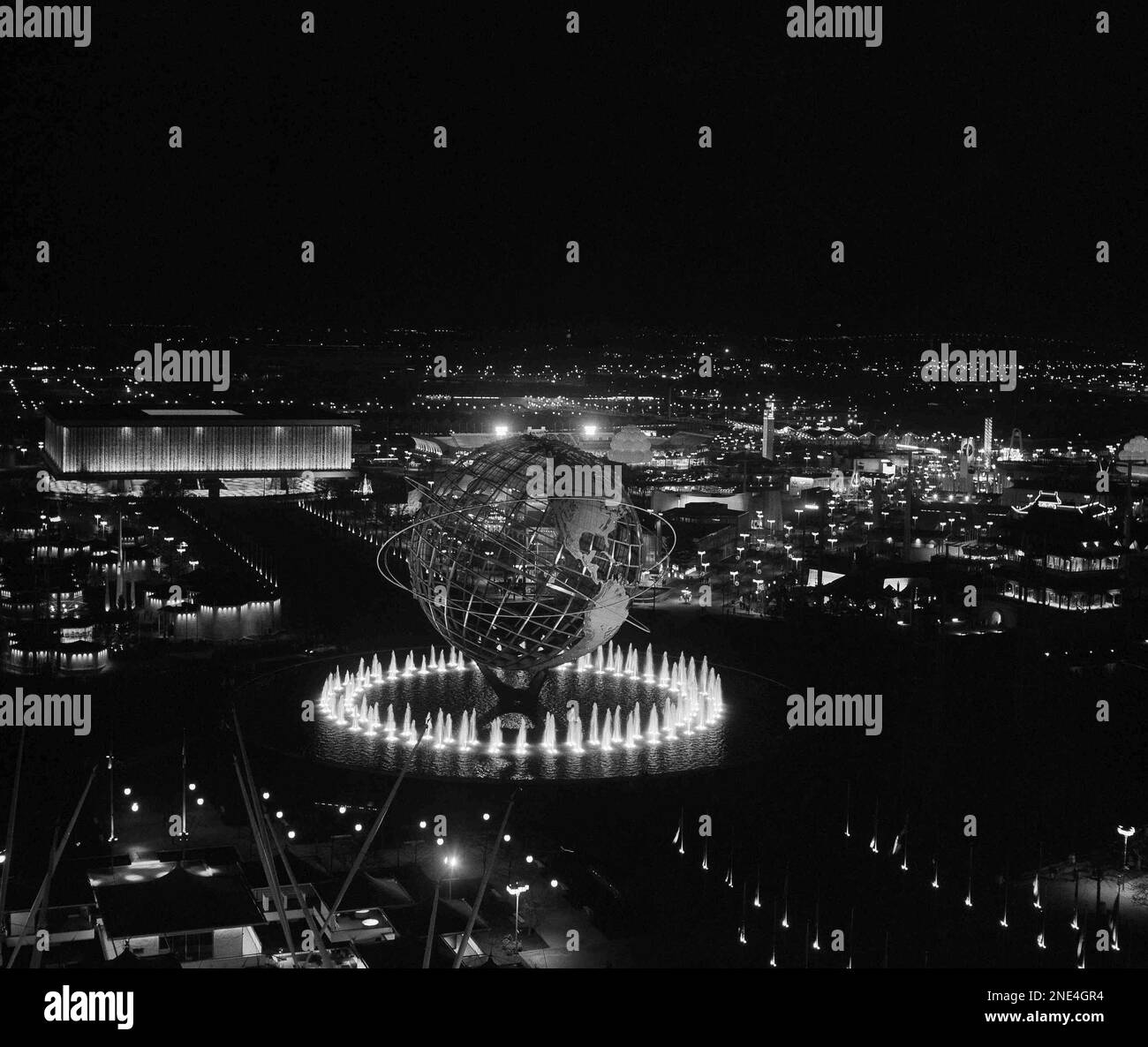 A night view of the Unisphere, the symbol of the New York World's Fair ...