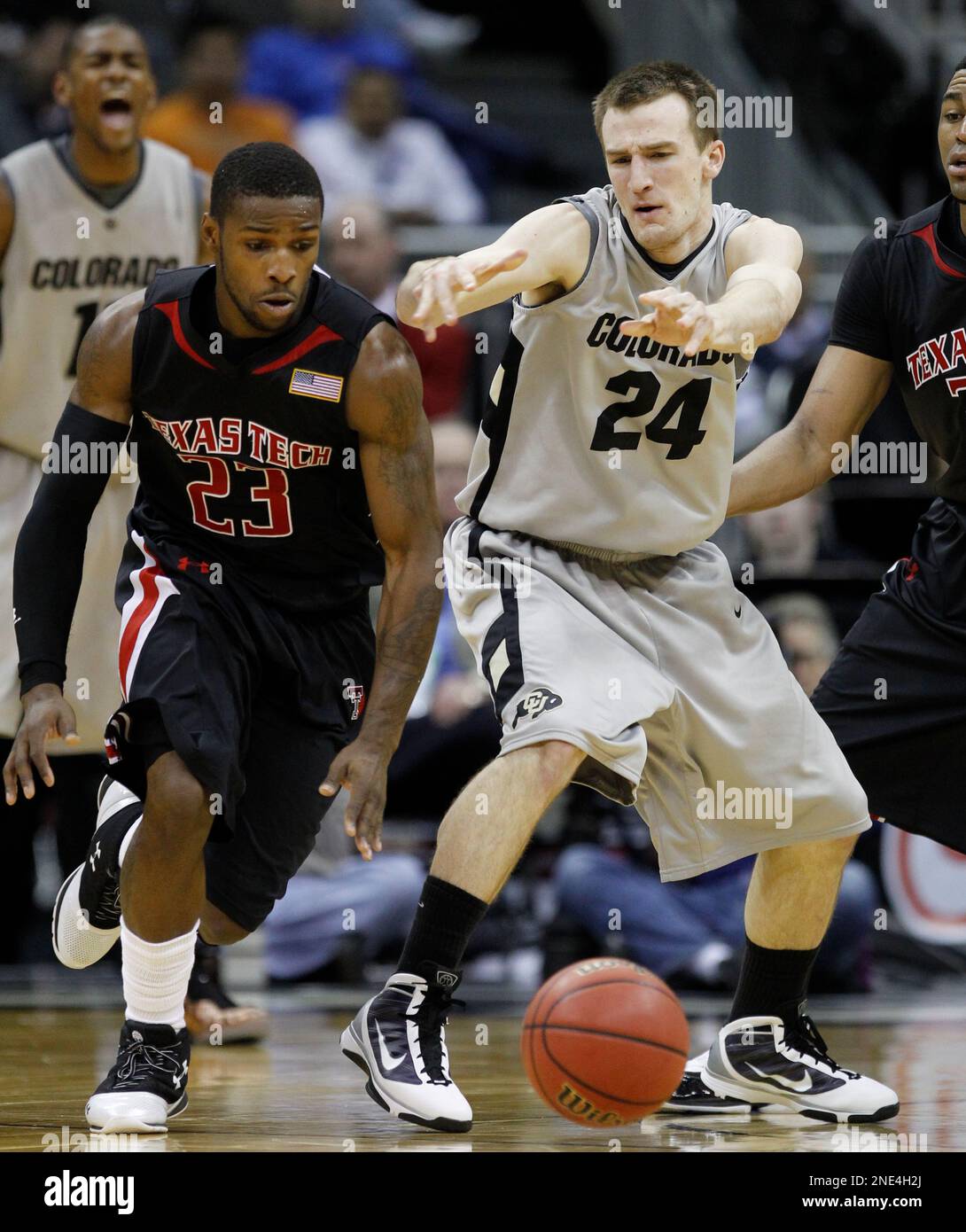 Texas Tech guard Nick Okorie, left, steals the ball from Colorado guard ...