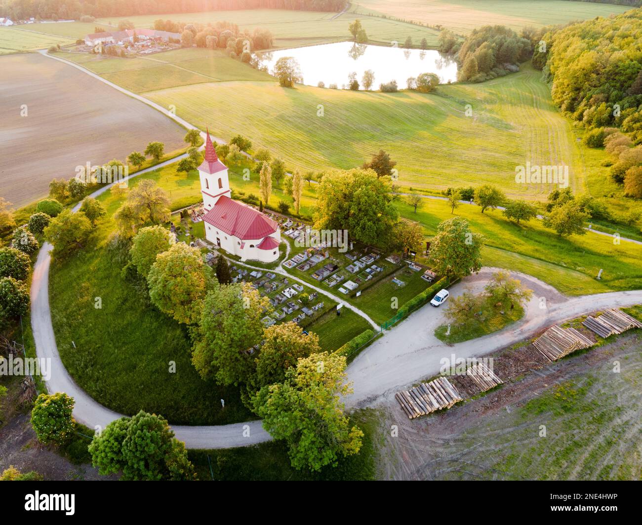 An aerial view of a countryside church in summer Stock Photo - Alamy