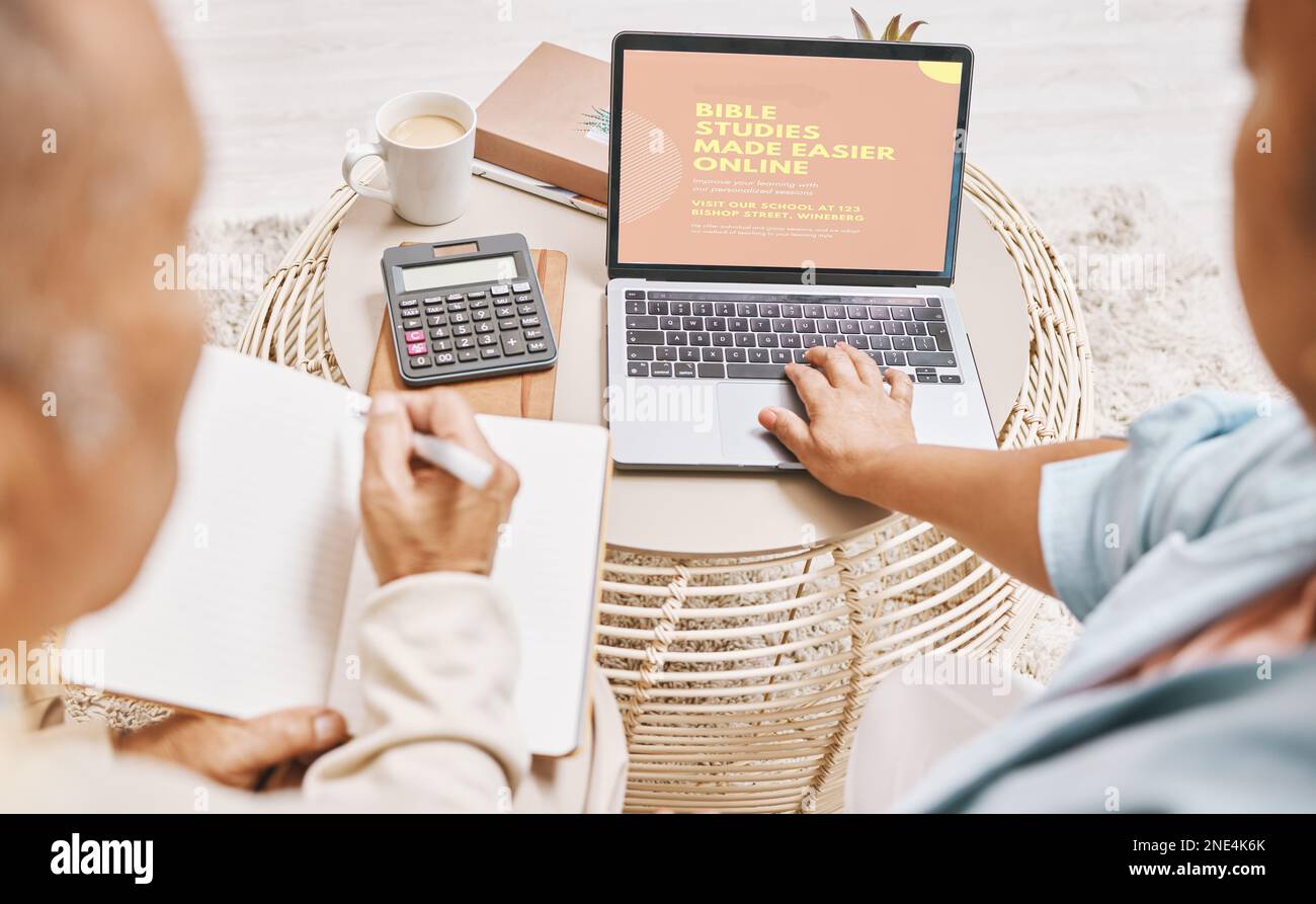 Religion, laptop and senior couple with notebook for online seminar ...