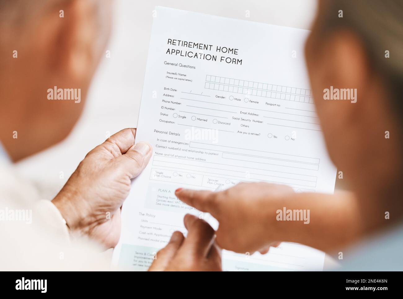 Contract, hands or senior couple with retirement paper agreement ...