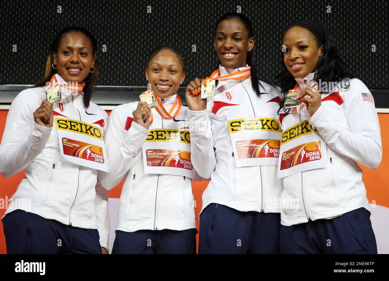 United States' gold medal winning relay team, from left, Deedee Trotter ...