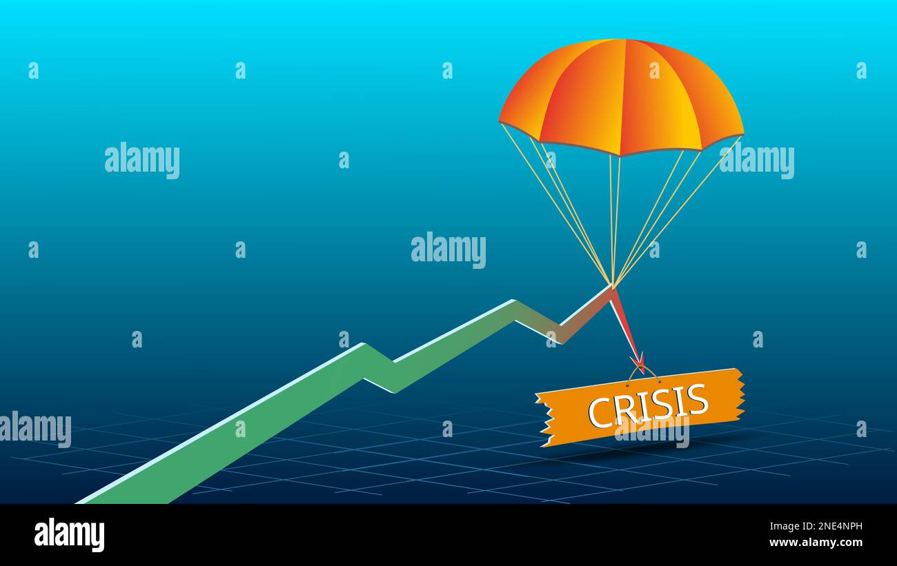 Sign with word Crisis pulls the graph arrow down and parachute holds ...