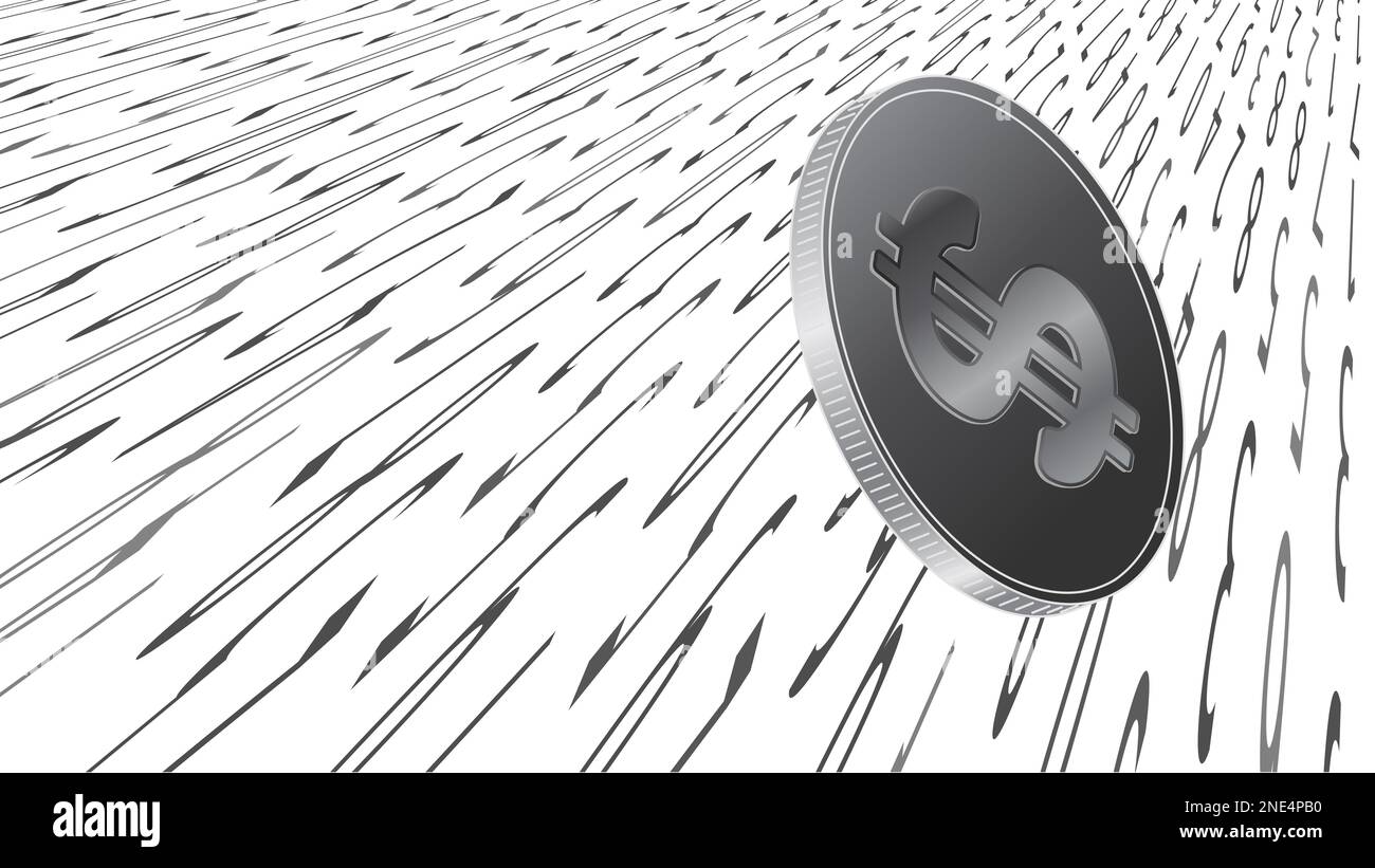 Coin with American dollar USD symbol rolls down digital road on white ...