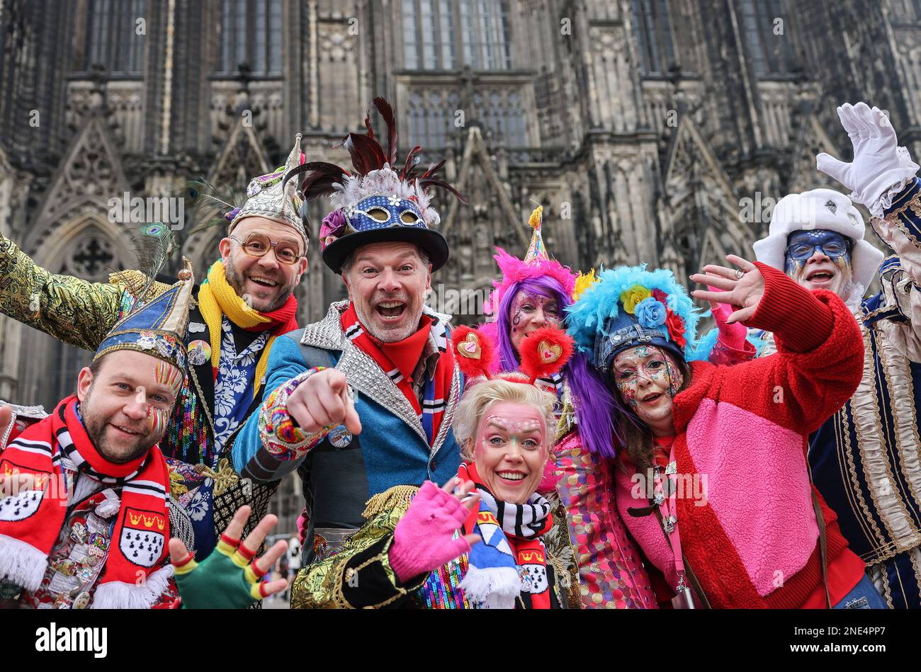 Cologne, Germany. 16th Feb, 2023. Carnivalists celebrate in front of ...