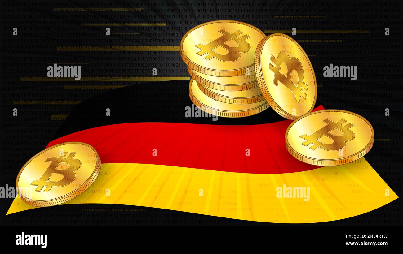 Stacks of gold coins of Bitcoin BTC on colored flag of Germany on dark ...