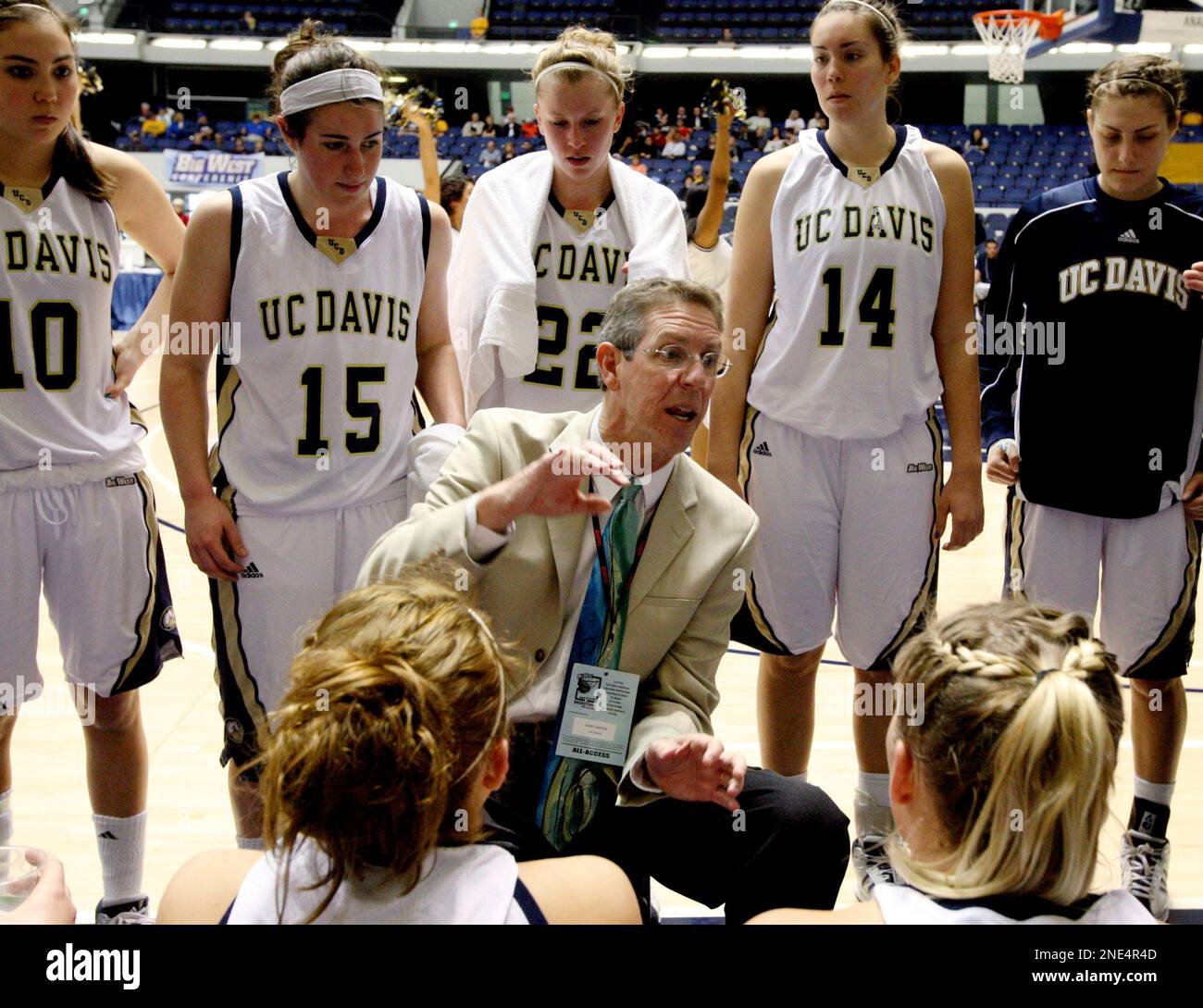 California-Davis head coach Sandy Simpson talks to his players in the ...