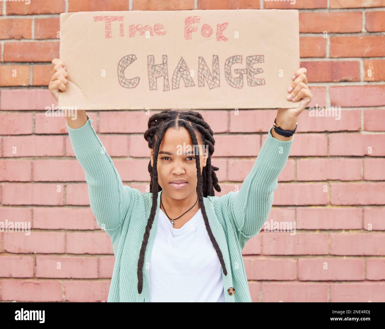 Poster, protest and black woman in portrait, human rights and equality ...