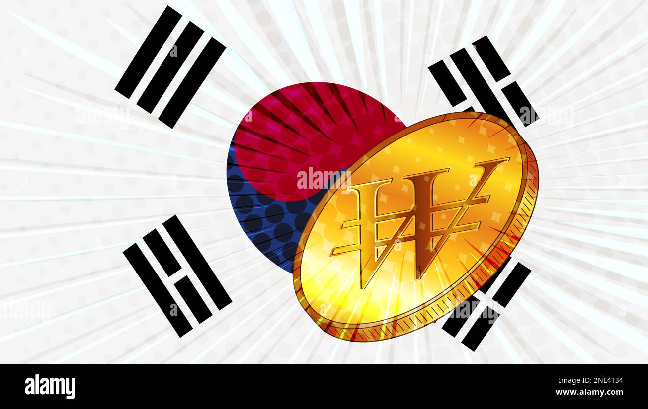 South Korean flag and golden coin with sign currency Republic of Korea ...