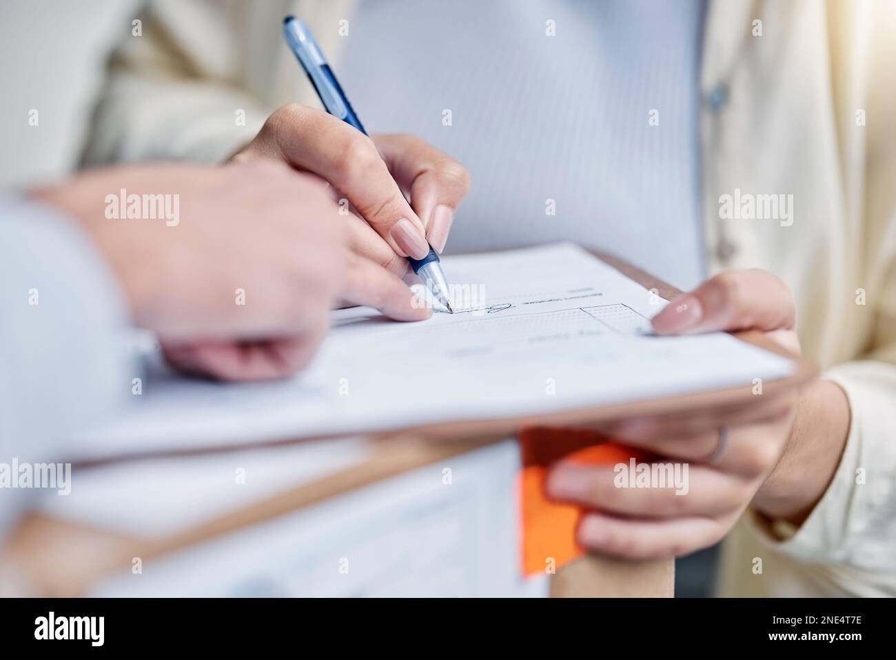Delivery, supplier and package with hands and sign invoice, small ...