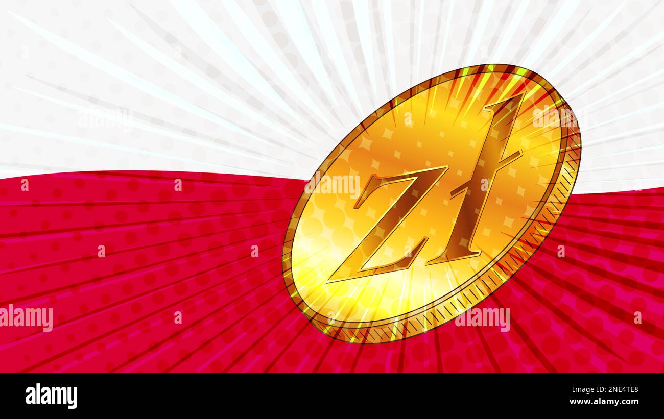 Polish flag and golden coin with sign currency Polish zloty PLN. CBDC ...
