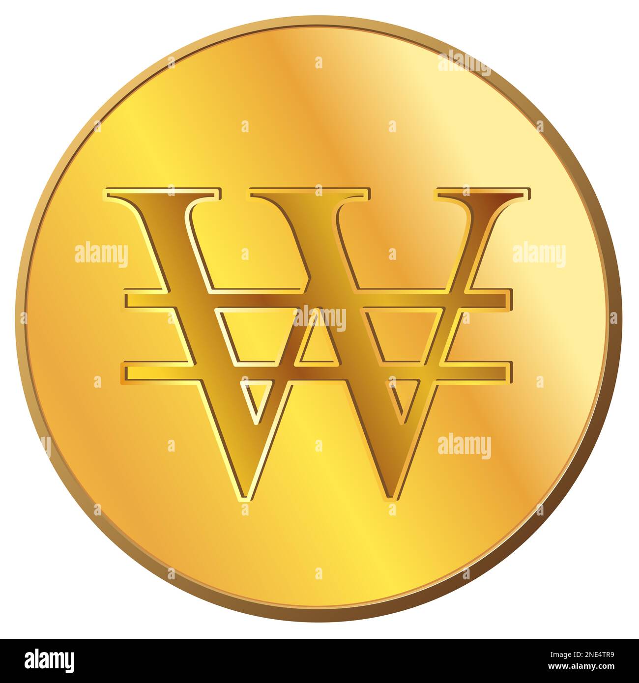 Golden coin South Korean won KRW front view isolated on white. Currency ...