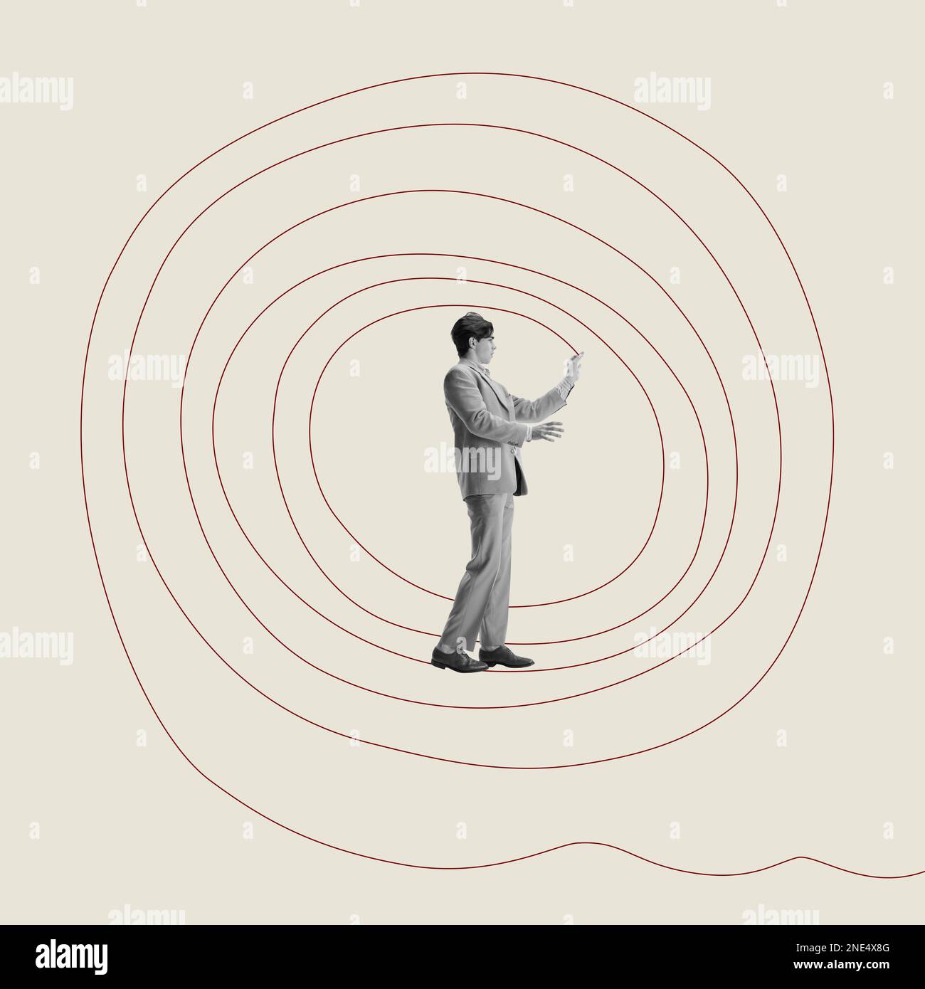 Contemporary art collage. Arranging thoughts. Young man drawing circle ...