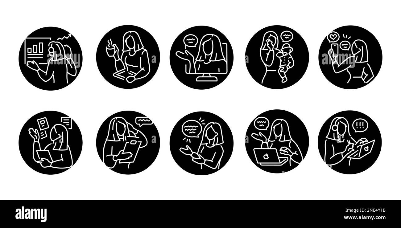 Businesswoman color line icons set. Female entrepreneur, influencer ...