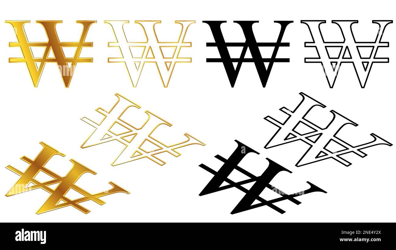 Set of South Korean won KRW currency golden signs, silhouette and ...