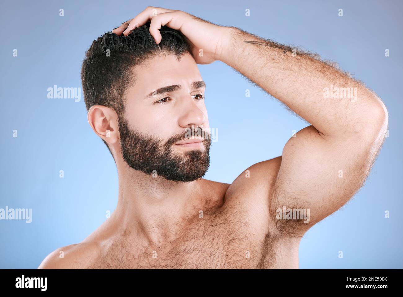 Skincare, beauty and face of man with muscle on blue background for ...