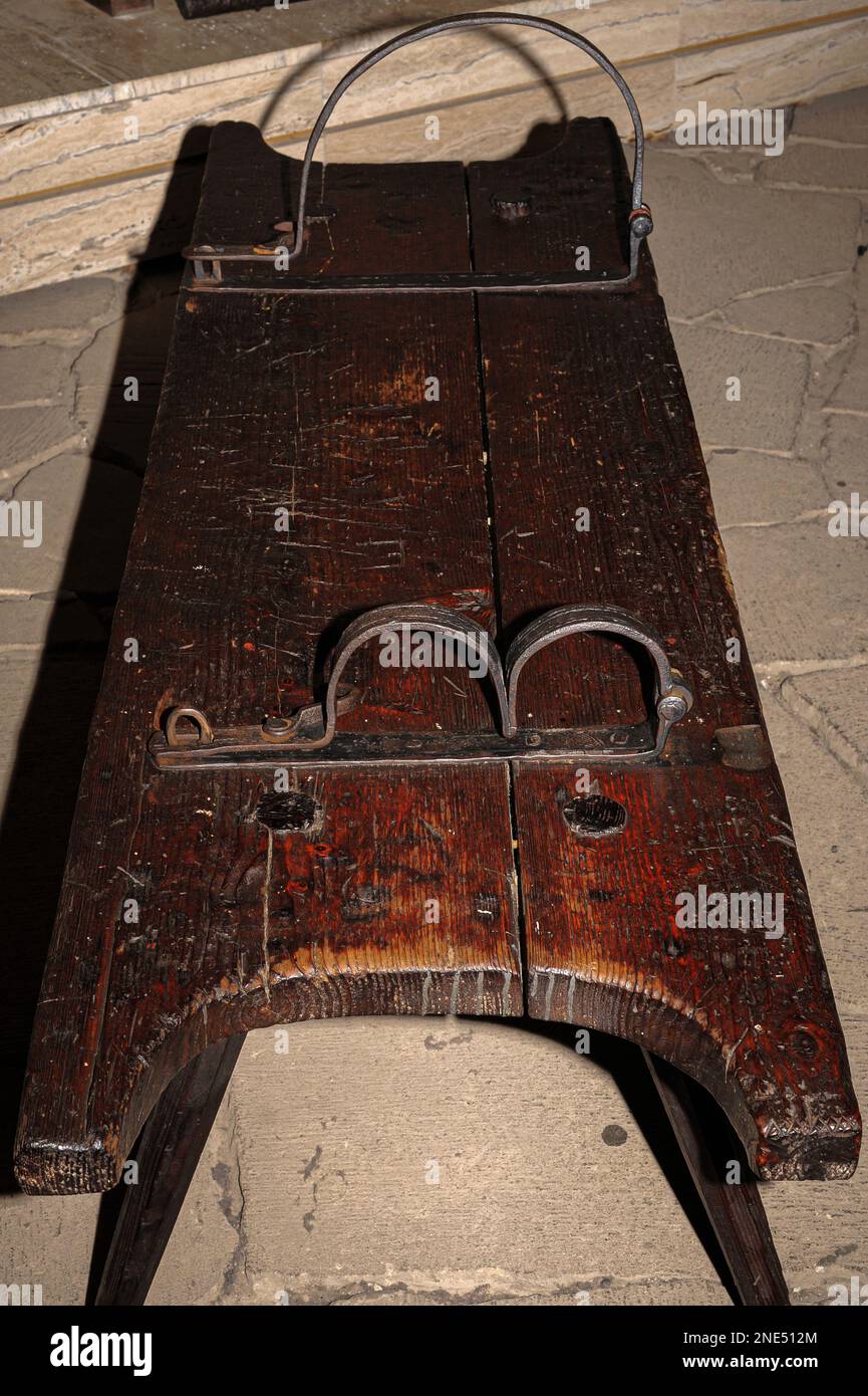 Ancient whipping or flagellation bench on which prisoners were held by ...