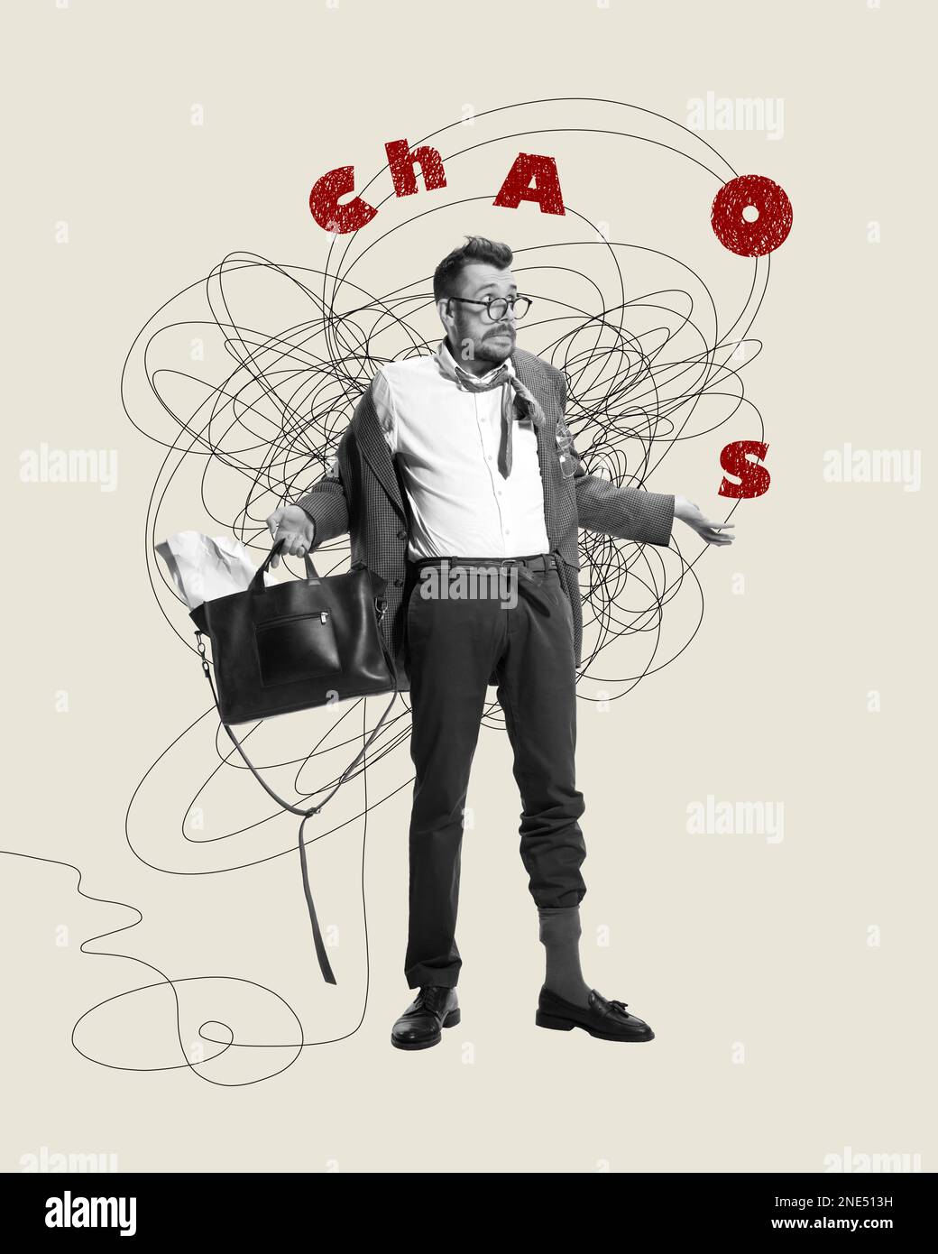 Contemporary art collage. Businessman, hard-working employee suffering ...