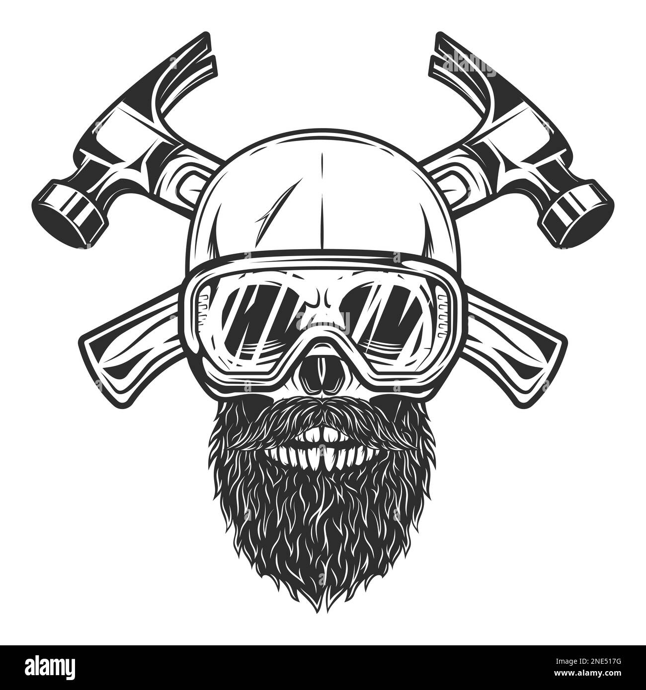 Skull with mustache and beard and safety glasses builder crossed ...