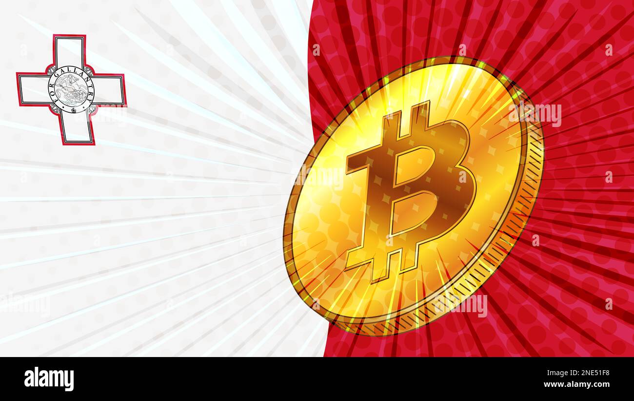 Gold coin of Bitcoin BTC and colored flag of Malta on background ...