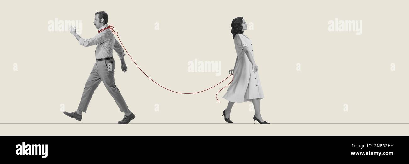 Contemporary art collage. Young woman holding man on thread ...