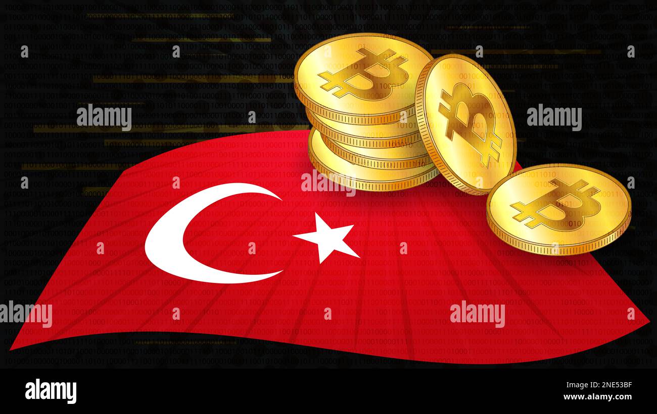 Stacks of gold coins of Bitcoin BTC on colored flag of Turkey on dark ...