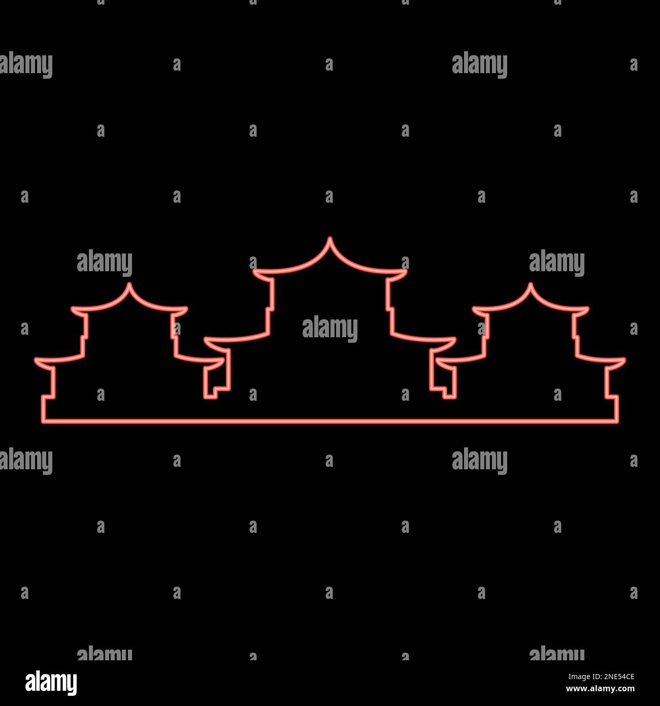 Neon chinese traditional buildings red color vector illustration image ...