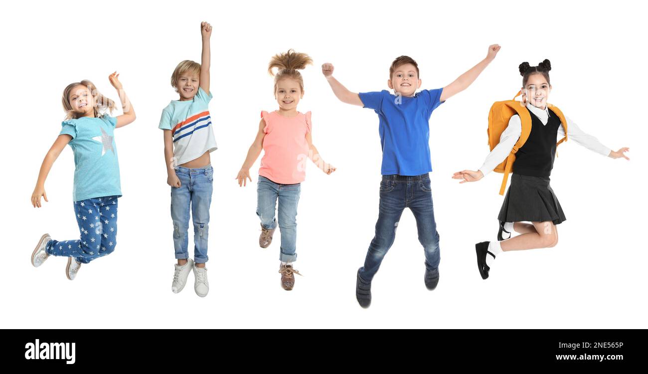 Cute little children jumping on white background, collage. Banner ...