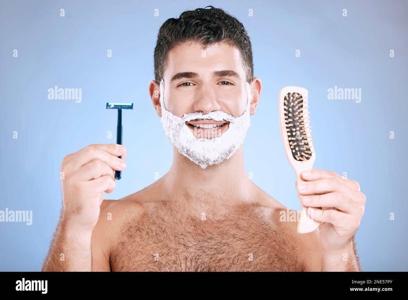 Portrait, man and brush with razor, cream and mockup with guy, hygiene ...