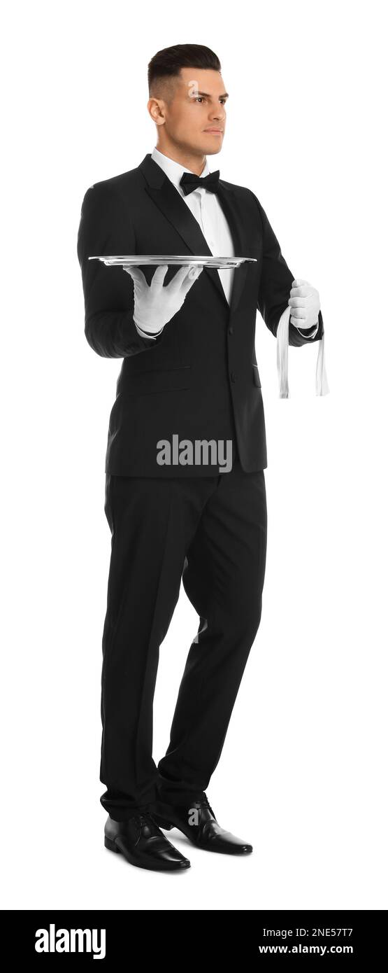 Elegant butler holding silver tray isolated on white Stock Photo - Alamy