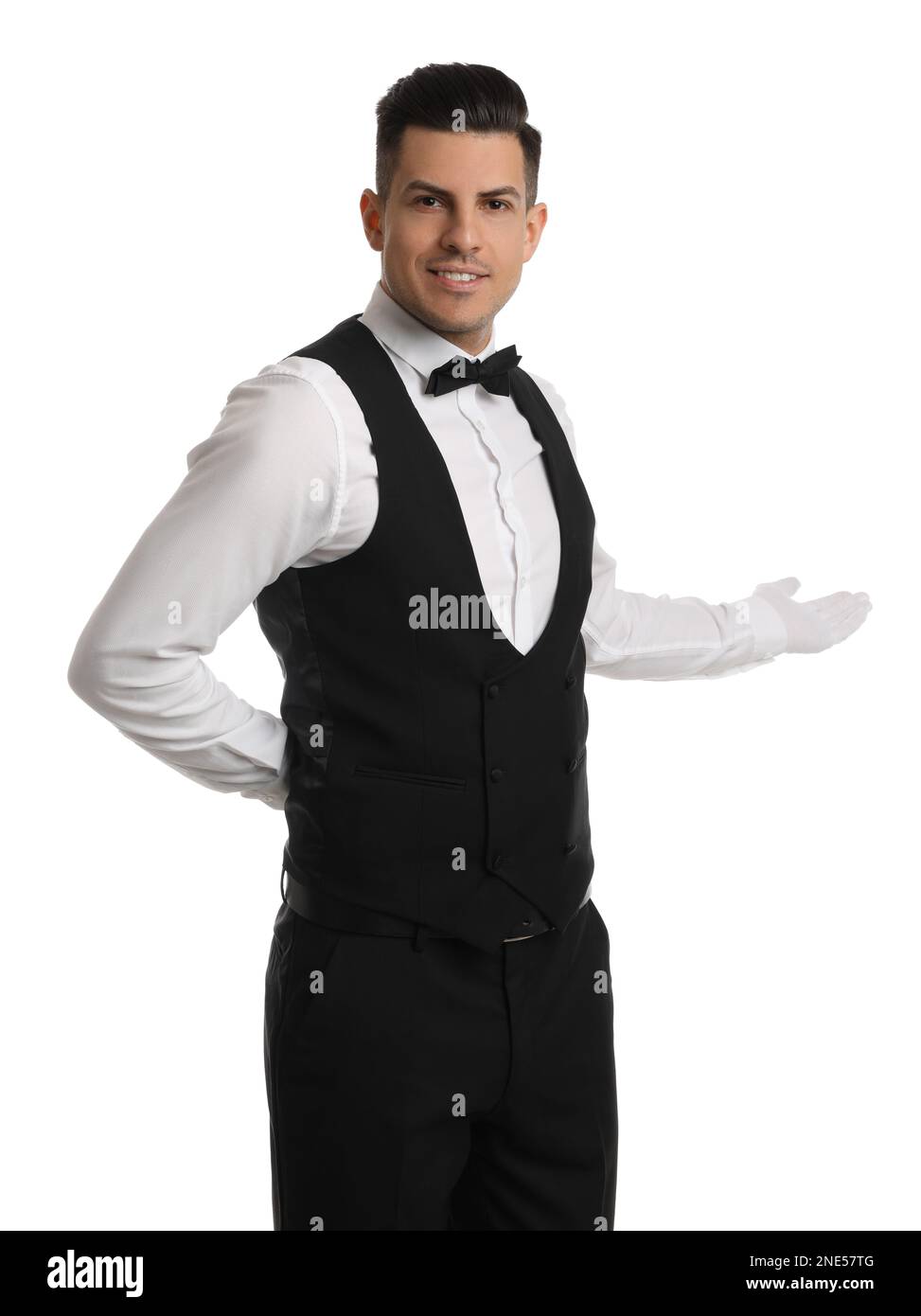 Handsome butler in elegant uniform on white background Stock Photo - Alamy