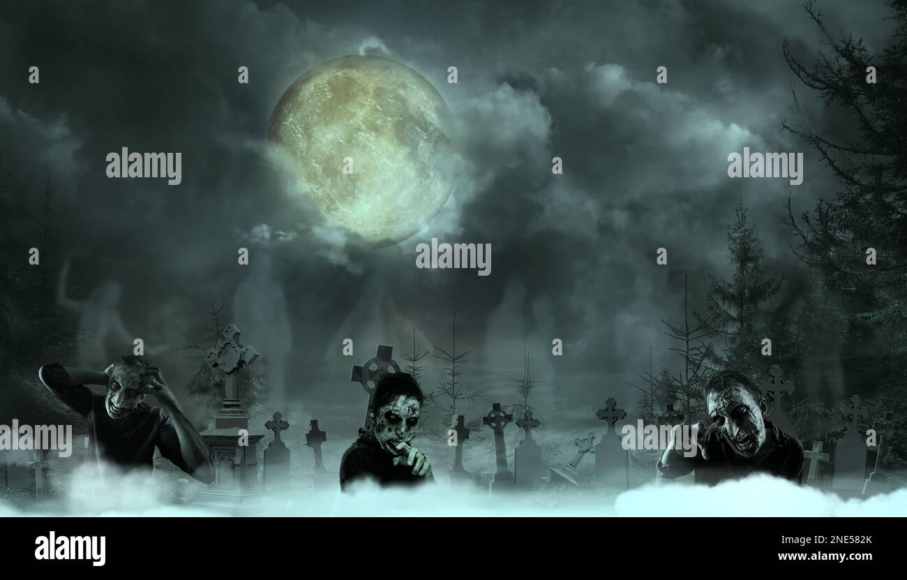 Scary zombies at misty cemetery with old creepy headstones under full ...