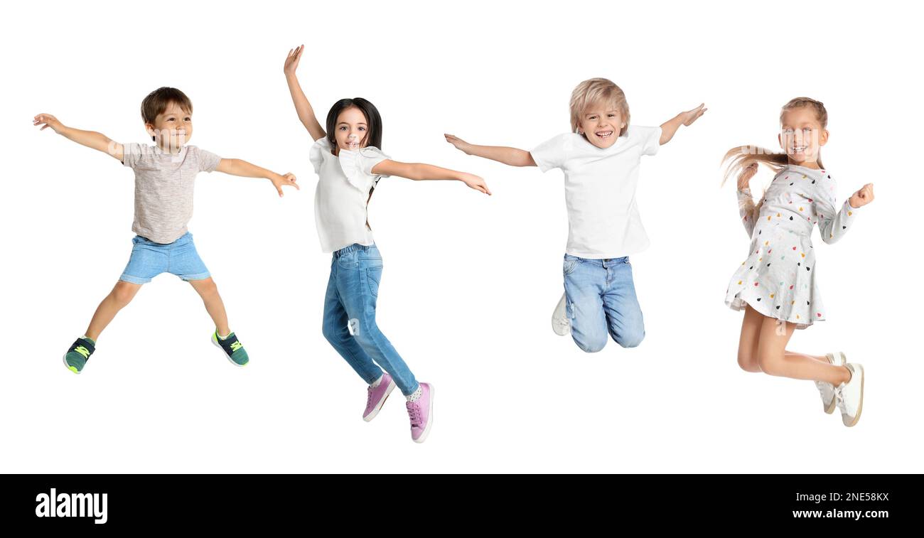 Cute little children jumping on white background, collage. Banner ...